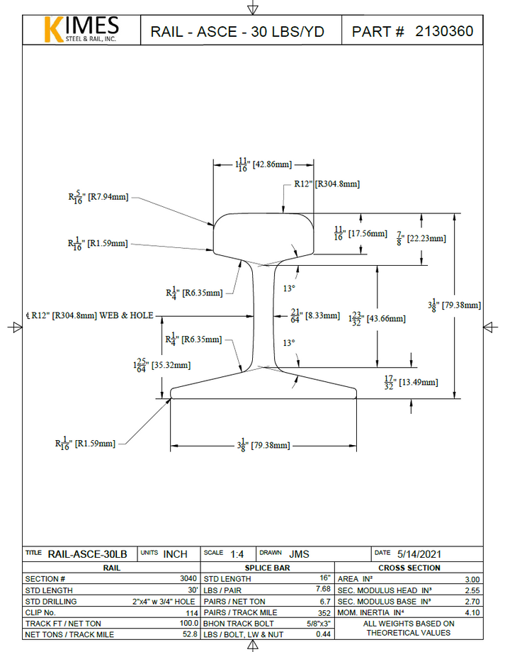 30 lb ASCE New Rail 30'0" Holes 2"x4" 300 lb/pc – Kimes Steel