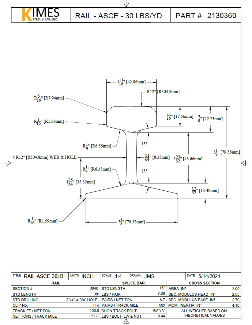 30 lb ASCE New Rail 30'0" Holes 2"x4" 300 lb/pc – Kimes Steel