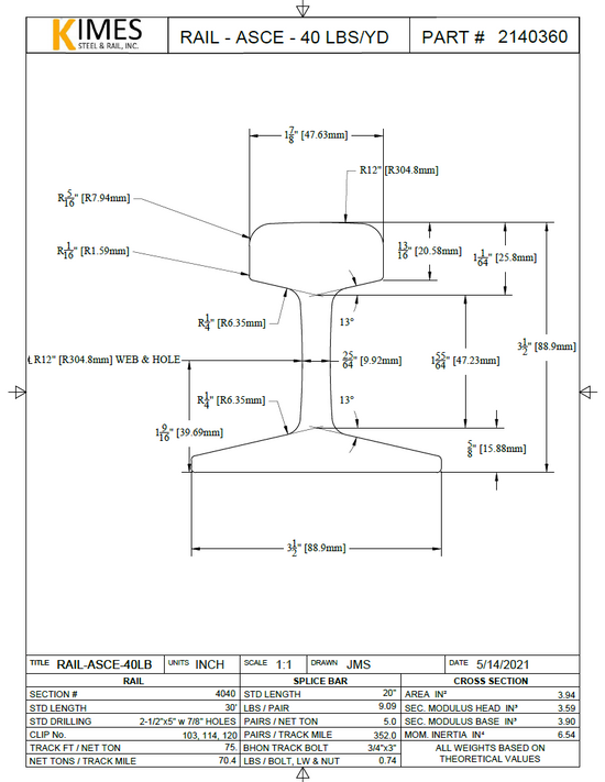 40 lb ASCE New Rail 30' Holes 2-1/2"x5" 400 lb/pc – Kimes Steel