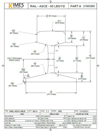 60 lb ASCE New Rail 30' Holes 2-1/2"x5" 600 lb/pc – Kimes Steel
