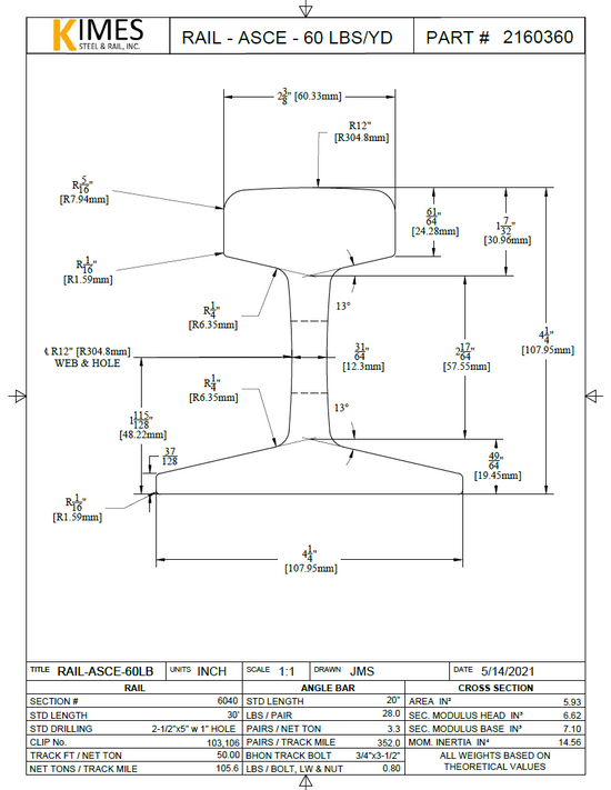 60 lb ASCE New Rail 30' Holes 2-1/2"x5" 600 lb/pc – Kimes Steel