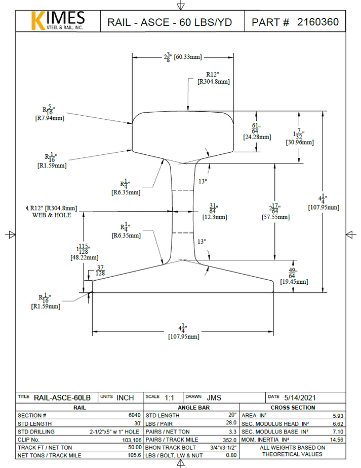 60 lb ASCE New Rail 30' Holes 2-1/2"x5" 600 lb/pc – Kimes Steel
