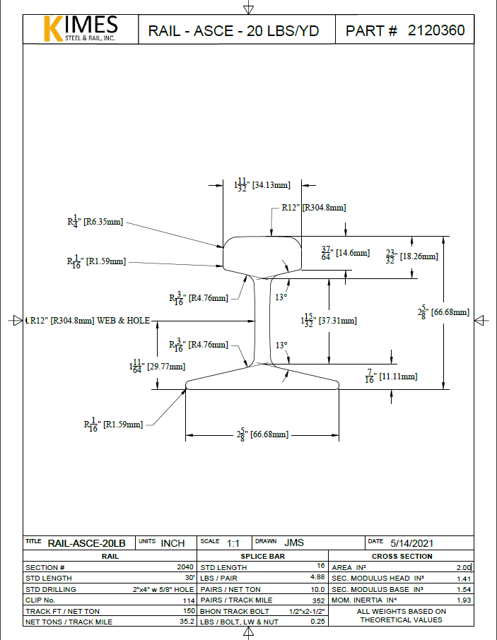 20 lb ASCE New Rail 20'0" Holes 2"x4" 134 lb/pc – Kimes Steel