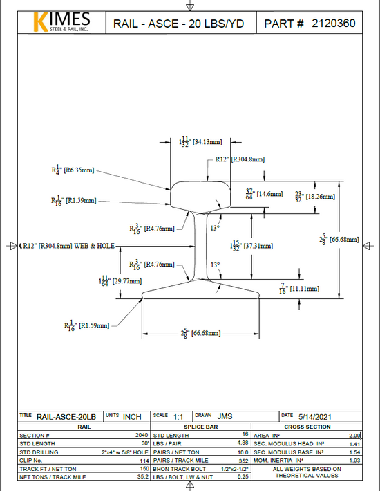 20 lb ASCE New Rail 20'0" Holes 2"x4" 134 lb/pc – Kimes Steel