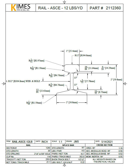 12 lb ASCE New Rail 30' Holes 2"x4" 120 lb/pc – Kimes Steel